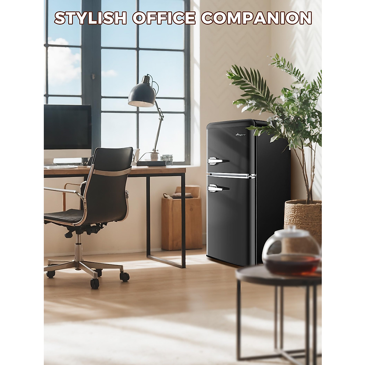 Anypro 3.2 Cu.Ft Compact Refrigerator Mini Fridge with Freezer, Retro Double Door Small Fridge with Freezer, 7 Level Thermostat & Removable Shelves, Small Refrigerator for Dorm, Office, Bedroom, Black