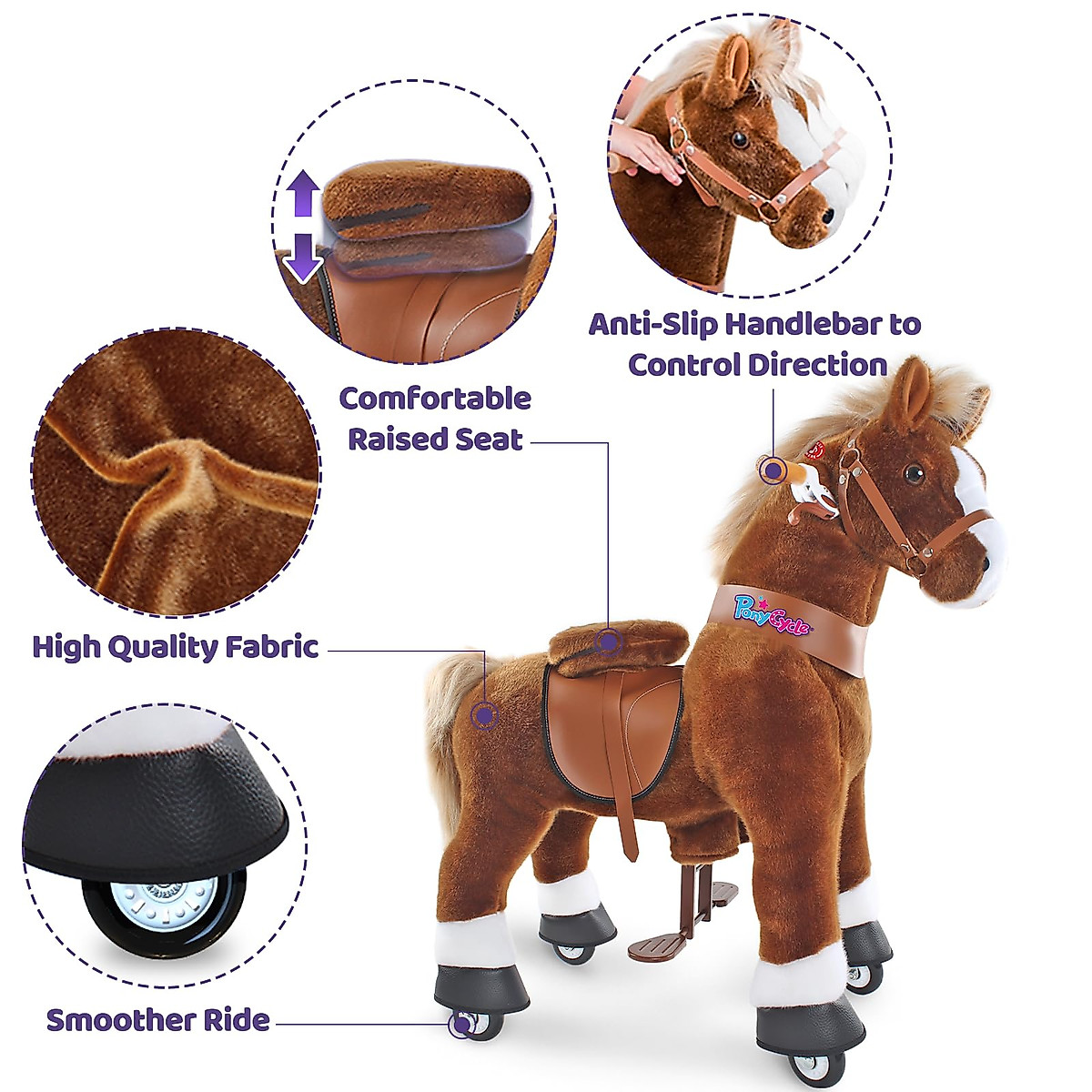 PonyCycle Official Ride-On Horse No Battery No Electricity Mechanical Pony Brown with White Hoof Giddy up Pony Plush Walking Animal Size 4 for Age 4-8 Years - Ux424