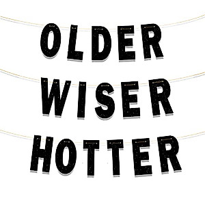 Ushinemi Black Older Wiser Hotter, Funny Birthday Banner for Men Women, Glitter Birthday Party Decorations