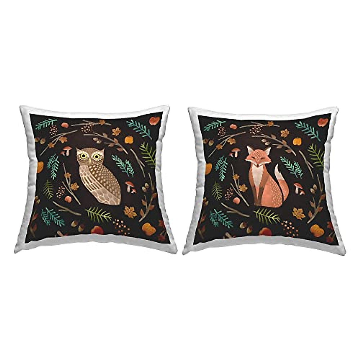 Stupell Industries Cozy Autumn Botanicals Owl & Fox Woodland Creatures Design by Ziwei Li Throw (Set of 2) Pillow, 18 x 18, Multi-Color