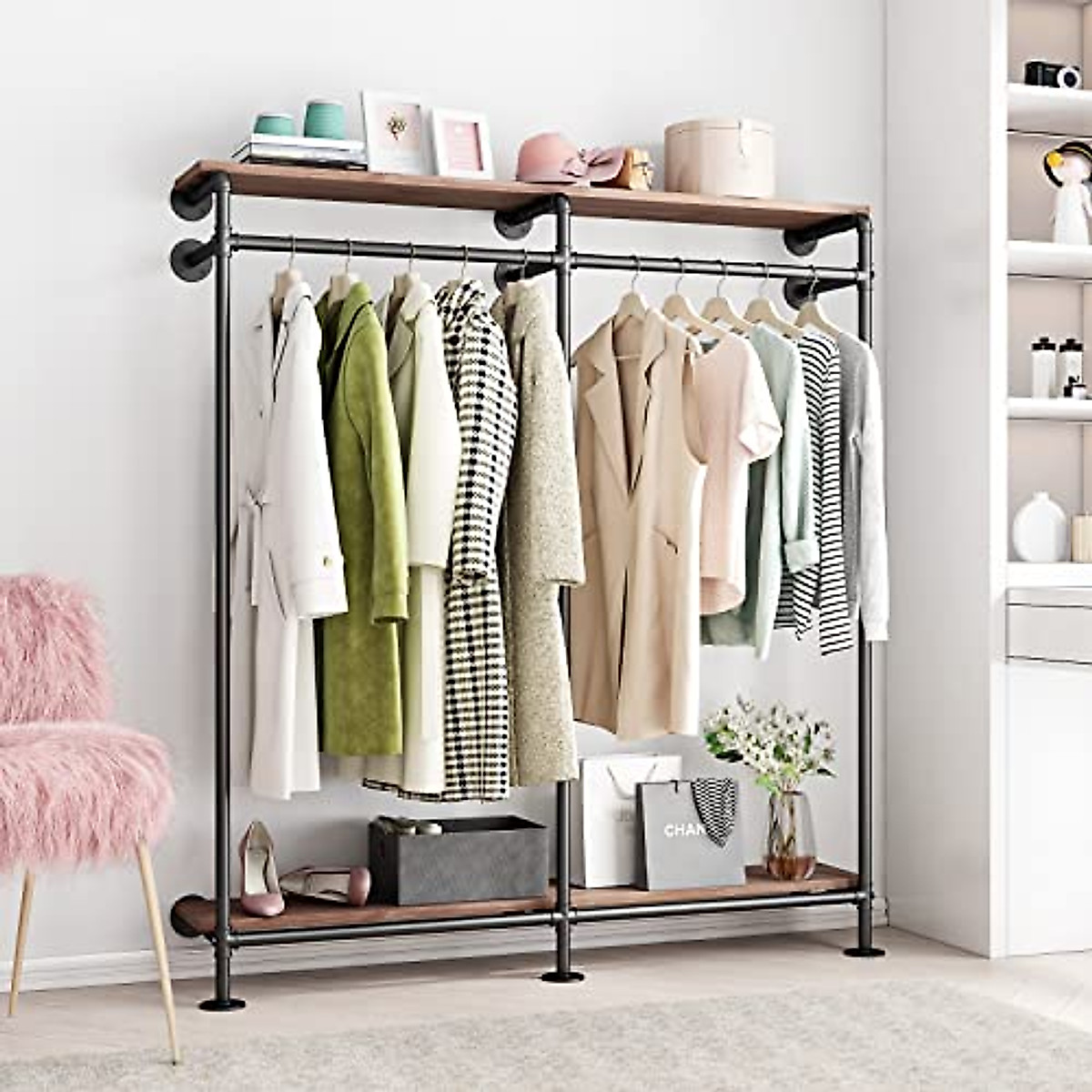 IronJiaZu Industrial Pipe Clothes Racks with 2 Shelves, Industrial Pipe Black Clothing Rack with Double Hanging Rods, Heavy Duty Wall Mounted Clothing Rack Rod for Closet Storage, Bedroom