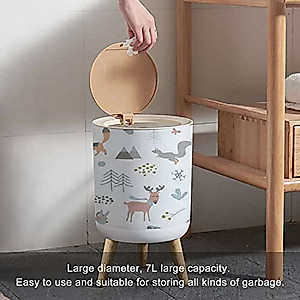 Trash Can with Lid Kids Children or Infants Seamless Repeat Winter Forrest Animal Theme Press Cover Small Garbage Bin Round with Wooden Legs Waste Basket for Bathroom Kitchen Bedroom 7L/1.8 Gallon
