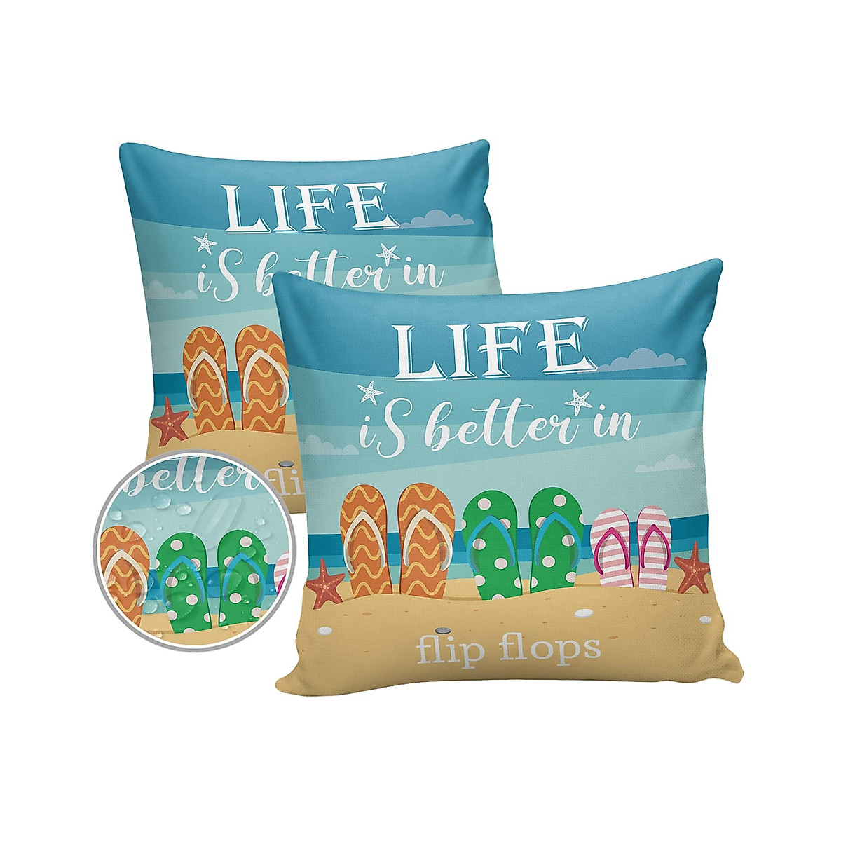 Outdoor Waterproof Pillow Covers for Patio Furniture Summer Beach Decorative Throw Pillow Cover Life Is Better in Flip Flops Pillowcases Set of 2 Cushion Case for Sofa Couch Chair Home Decor 18x18inch