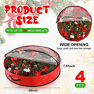 Aliceset 4 Pack Wreath Storage Containers, Christmas Garland Storage Bags with Window and Handles, Durable Christmas Decoration Box Holder for Holiday Xmas(36 x 36 x 7.8 Inch,Red)