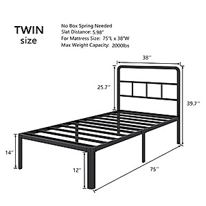 Riwanca 14 Inch Twin Size Bed Frames with Headboard, Heavy Duty Metal Platform Bed Frame Rounded Corners, No Box Spring Needed Mattress Foundation, Noise Free, Black