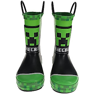 Minecraft Rain Boot for Kids, 100% Rubber Creeper Wellie Boot Waterproof, Green/Black, Little Kid Size 12/13