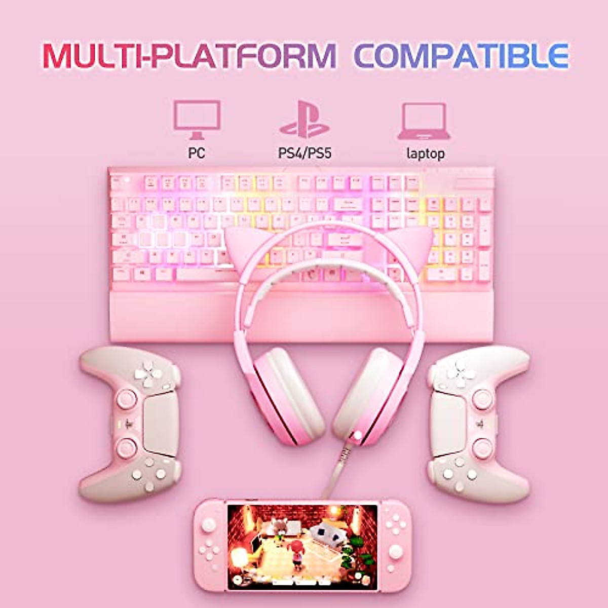 SOMIC G951pink Gaming Headset for PC, PS4, PS5, Laptop, Cat Ear Headphone USB Gaming Headphones with Mic Noise Cancelling, LED Light, 7.1 Virtual Surround Sound for Girls, Women