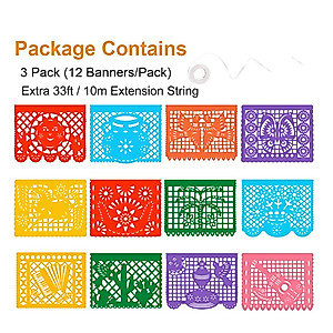 3 Packs Mexican Banners, 66 Ft(22ft x 3) Papel Picado Banner, Large Plastic Mexican Fiesta Banners Cinco de Mayo Party Fiesta Decorations Mexican Themed Birthday Party Supplies 12 Patterns with String