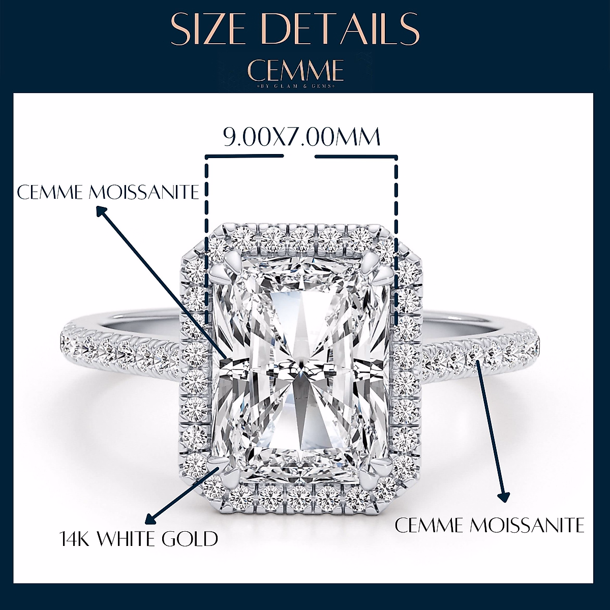 GLAM AND GEMS 3 Carat Radiant Cut Moissanite Engagement Statement Wedding Band Ring for Women in 14k White Gold (G-H, VVS, 3.35 CTW) Anniversary Promise Ring Size 4.5 to 11 5.5