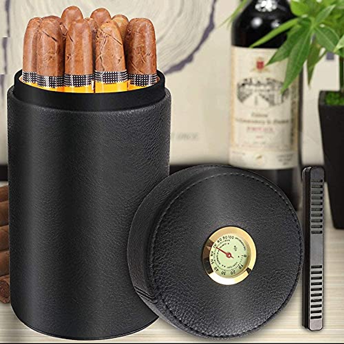 Scotte Cigar humidor case/jar,Leather Cedar Wood Cigar Canister Portable for 12-16 Cigar (Black)