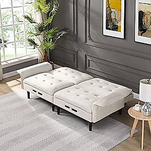 MIYZEAL Convertible Sleeper Sofa with Charging Ports, Velvet Tufted Upholstered Futon Sofa Bed with Adjustable Backrest & Armrest, Modern Loveseat Couch for Living Room Apartment Office (Beige)