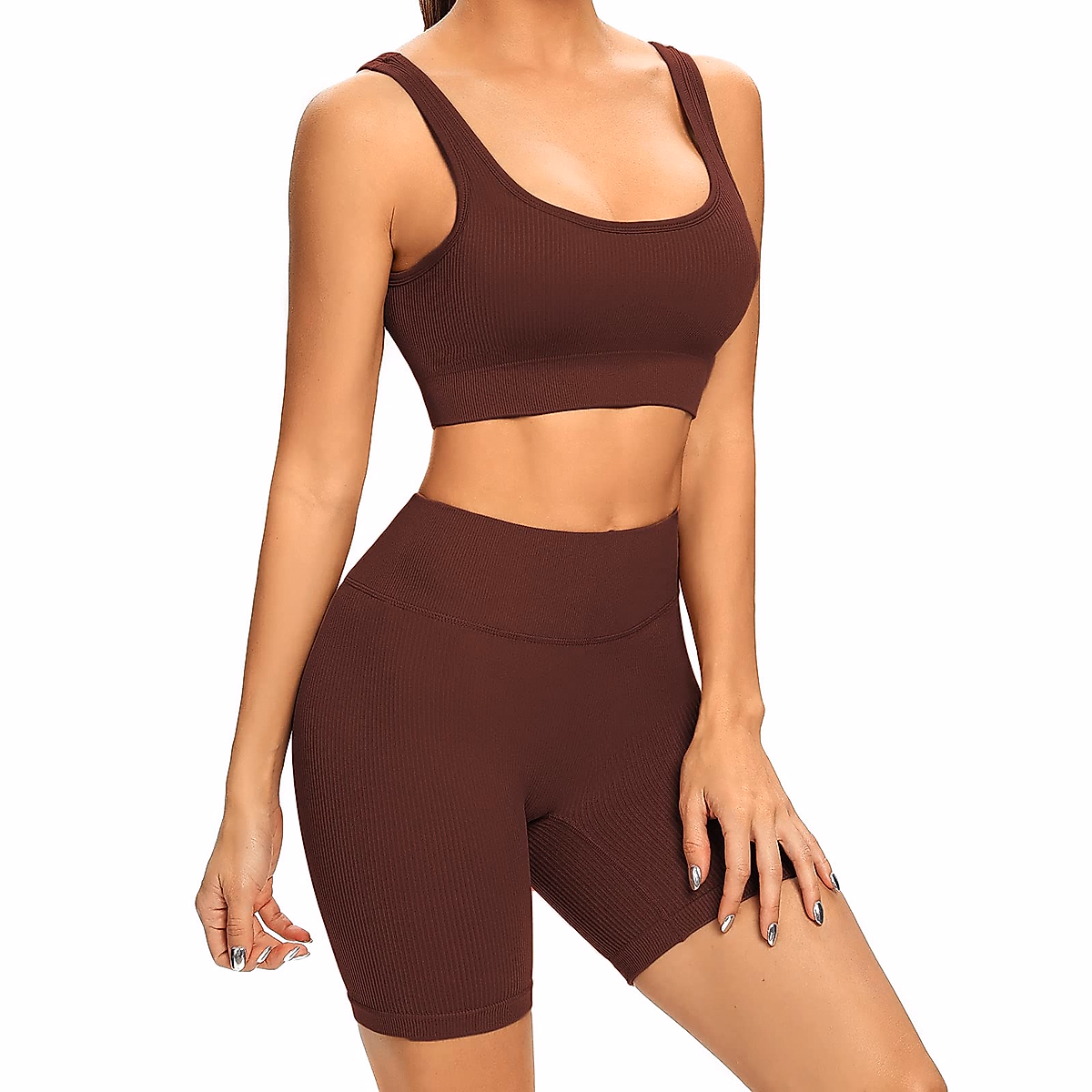 BUSCANDO Yoga Workout Outftis Sets for Women 2-Piece Shorts-Seamless Ribbed High Waist Athletic Leggings+Sports Bra Gym Clothes Sets (Brown, l)