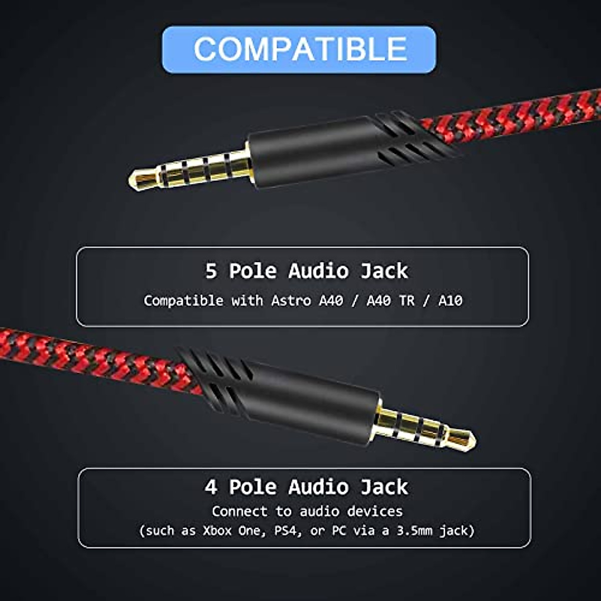 MQDITH 2.0M Replacement Audio Cable Compatible with Astro A40 A40TR Gaming Headset, Inline Mute Wire and No Volume Control Cord (Nylone Cord, Red/Black)