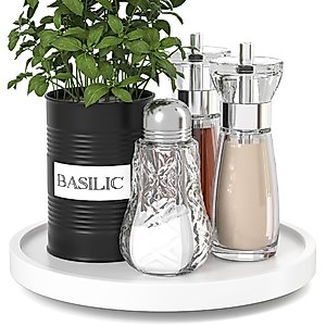 White Lazy Susan Organizer for Table Cabinet, 9 inch Bamboo Kitchen Countertop Organizer for Salt Olive Oil and Pepper Counter Sink Trays Wooden Turntable for Spice Soap Bottles Dining Room Decor