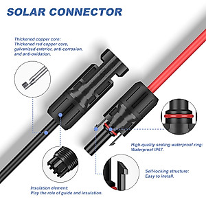 SUNSUL 20 Feet 10AWG(6mm²) Solar Panel Wire, 10 Gauge 20FT Black & 20FT Red Tinned Copper Extension Cable Kits with Female and Male Connector for RV Home Boat and Any Other Off-Grid Applications