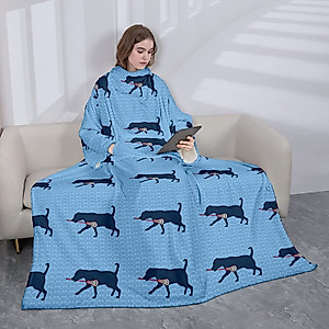 jejeloiu Lacrosse Wearable Blanket Warm Cozy, Sports Theme Dog Patttern Fleece Blanket with Sleeves for Women,Ball Games Fleece Wearable Blanket with Sleeves Pocket, 50"x50",Blue Grey