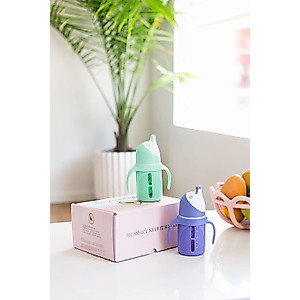 The Minis - Set of 2 - Glass Sippy Cup for Toddlers - 5oz | Spill-Proof | Silicone Straw | Mint Green & Indigo Purple | Liquids Never Touch Plastic