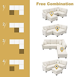 Merax Modern Sectional Sofa, 5-Seat Modular Couch Set with Convertible Ottoman, L-Shape Linen Fabric Corner Couch Set with 2 Pillows for Living Room/Apartment/Office, Beige