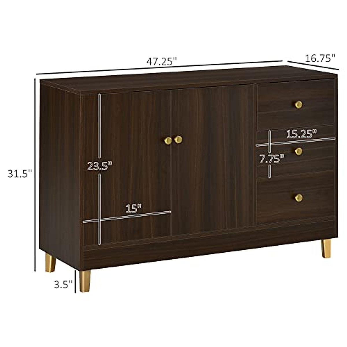 HOMCOM Modern Sideboard, Storage Cabinet, Accent Cupboard with 3 Drawers, Adjustable Shelf for Kitchen, Living Room, Brown