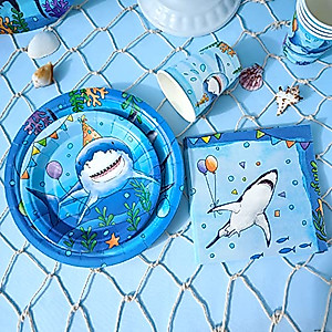 WERNNSAI Shark Party Supplies Set - 64PCS Ocean Shark Birthday Party Paper Plates Cups Napkins Tableware for Boys Kids Baby Shower Blue Shark Summer Pool Party Decor