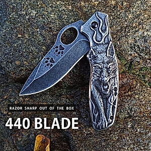 2PCS Set Pocket Folding Knife for Men, 3D DRAGON & WOLF Relief, Embossed Edc Knife For Men Outdoor Survival Camping Hiking hunting