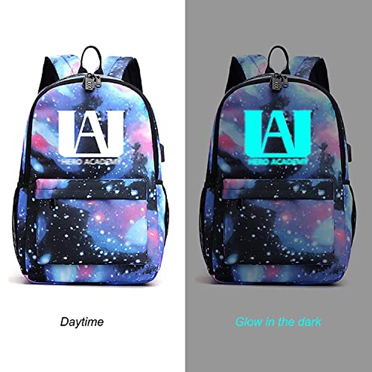 MHA Luminous Backpack Academia Notebook Izuku Notebook Laptop Backpack with USB Charging Port Unisex Bookbag Daypack (Galaxy)