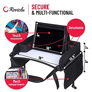ROVICLU Car Seat Travel Tray for Kids - Carseat Trays Accessories, Toddler Activity Table, Road Trip Essentials - Shoulder Strap Pad, Erasable Board, Smartphone/Table Stand.