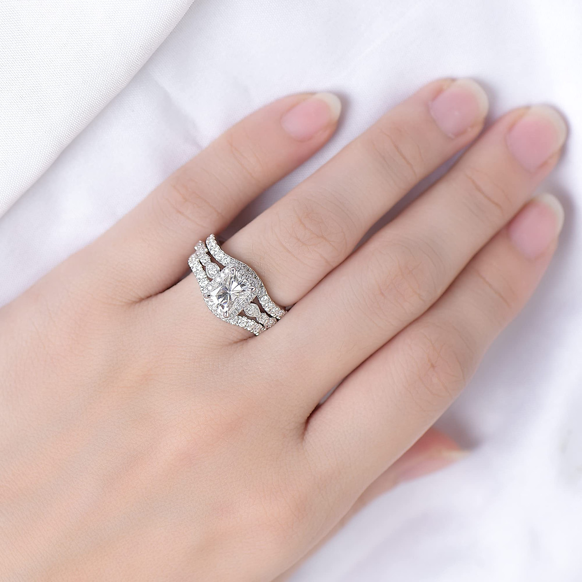 DovEggs Center 2ct 6X8mm G-H-I Color Radiant Cut Moissanite Hidden Halo Engagement Ring with accents 14k Gold Quality Silver Engagement Ring for Women(Engagement Ring Only, 7)