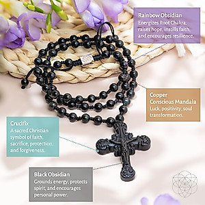 Conscious Items - Black Obsidian Necklace - Sacred Armor: Black Obsidian Cross of Faith and Protection - Pearl Necklace with Cross - Chakra Cross Necklace - Cross Necklace for Men