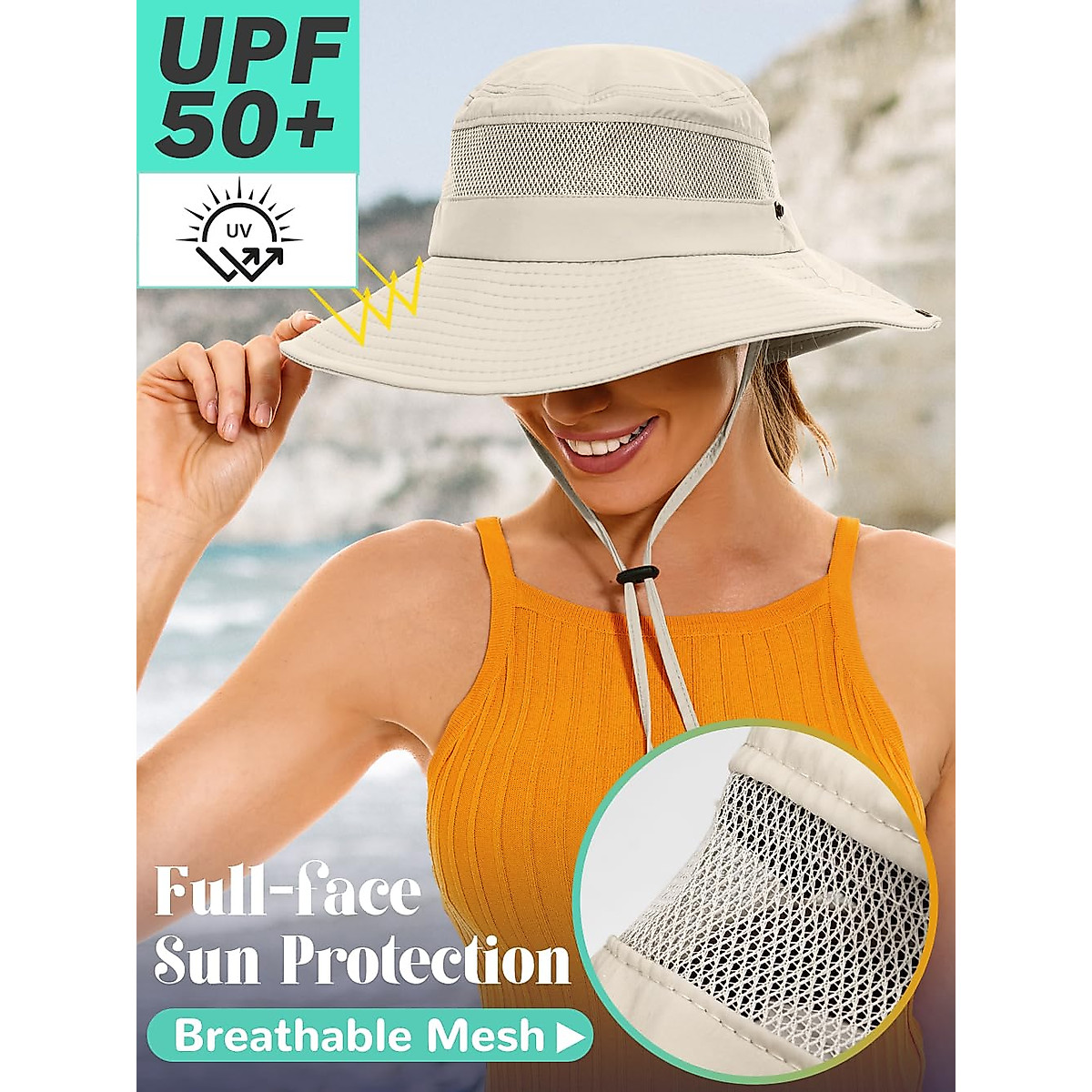 Sun Hat with Ponytail Hole for Women,Sun UV Protection UPF50+ Waterproof Beach Bucket Safari Hiking Hat for Women Beige