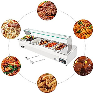 Countertop Food Warmer Stainless Steel Buffet Pan Soup Warmer with Glass Cover Electric Food Steam Table Server Table for Catering Restaurants Parties, 6 Pans,1.2kW,110V (Style 1)