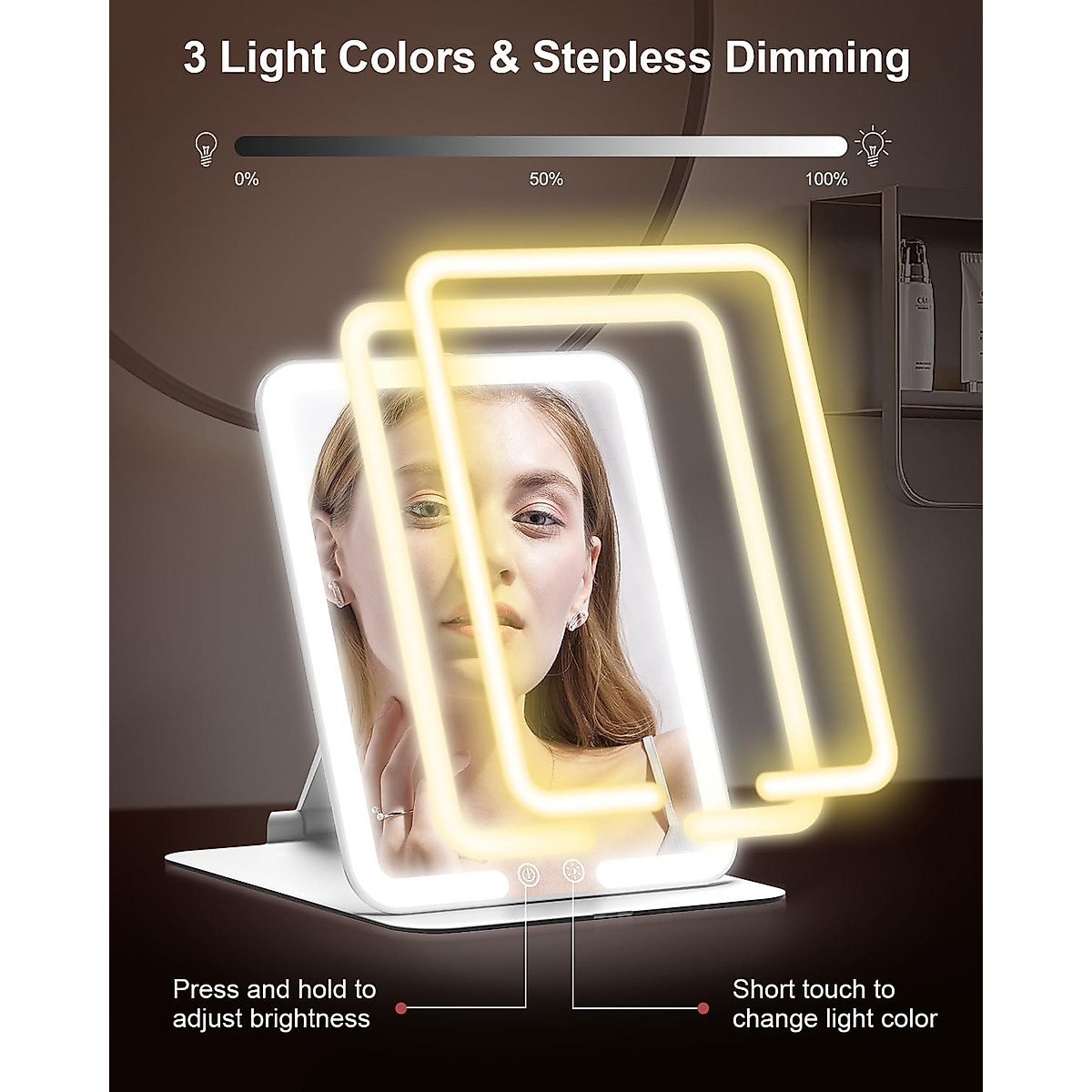 Gospire Travel Makeup Mirror with Lights and Magnification 10X, Portable Make Up Compact Tabletop with Adjustable Stand, 3 Colored Light Rechargeable Lighted LED Cosmetic Vanity- White