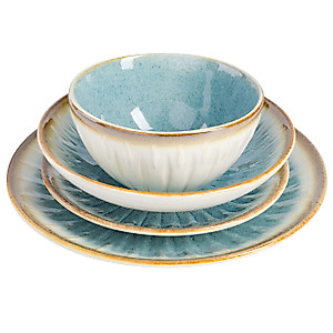 Gibson Elite Mayfair Bay Embossed Double Bowl Dinnerware Set, Service for 4 (16pcs), Blue