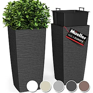 Mueller M-Resin Heavy Duty Tall Planter, Indoor/Outdoor Grande Plant, Tree, Flower Pot, 2-Piece Set, 27.5”, Modern Design, Built-in Drainage, Dark Grey