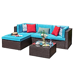 Vongrasig 5 Piece Patio Furniture Sets, All-Weather Brown PE Wicker Outdoor Couch Sectional Patio Set, Small Patio Conversation Set Garden Patio Sofa Set w/Ottoman, Glass Table, Blue
