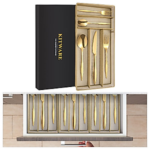 20 Pieces Gold Silverware Set with Tray for 4, KITWARE Stainless Steel Flatware Set, Mirror Polished Culery Set for Home Restaurant Office, Starter Set Tableware