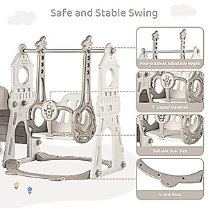 DUKE BABY 4-in-1 Kids Slide and Swing Set - Perfect for Toddlers 1-5 Years - Extra-Large Indoor and Outdoor Playground - Includes Slide, Swing, Basketball Hoop, and Climber – Grey and White