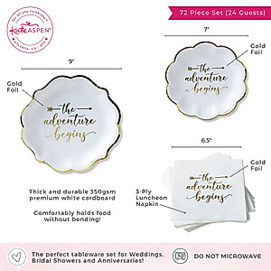 Kate Aspen The Adventure Begins 72 Piece Classic & Elegant Paper Party Tableware Set (24 Guests), Party Supplies, Wedding Decor for Bridal Showers, Engagements and Receptions