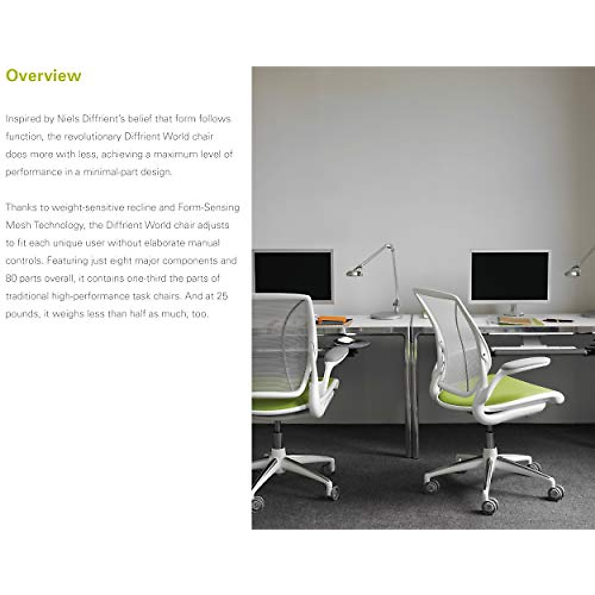 Humanscale Diffrient World Task Chair | Black Pinstrip Mesh Seat and Back | Black Frame, Black Trim | Height-Adjustable Duron Arms | Standard Foam Seat, 3" Carpet Casters, 5" Cylinder