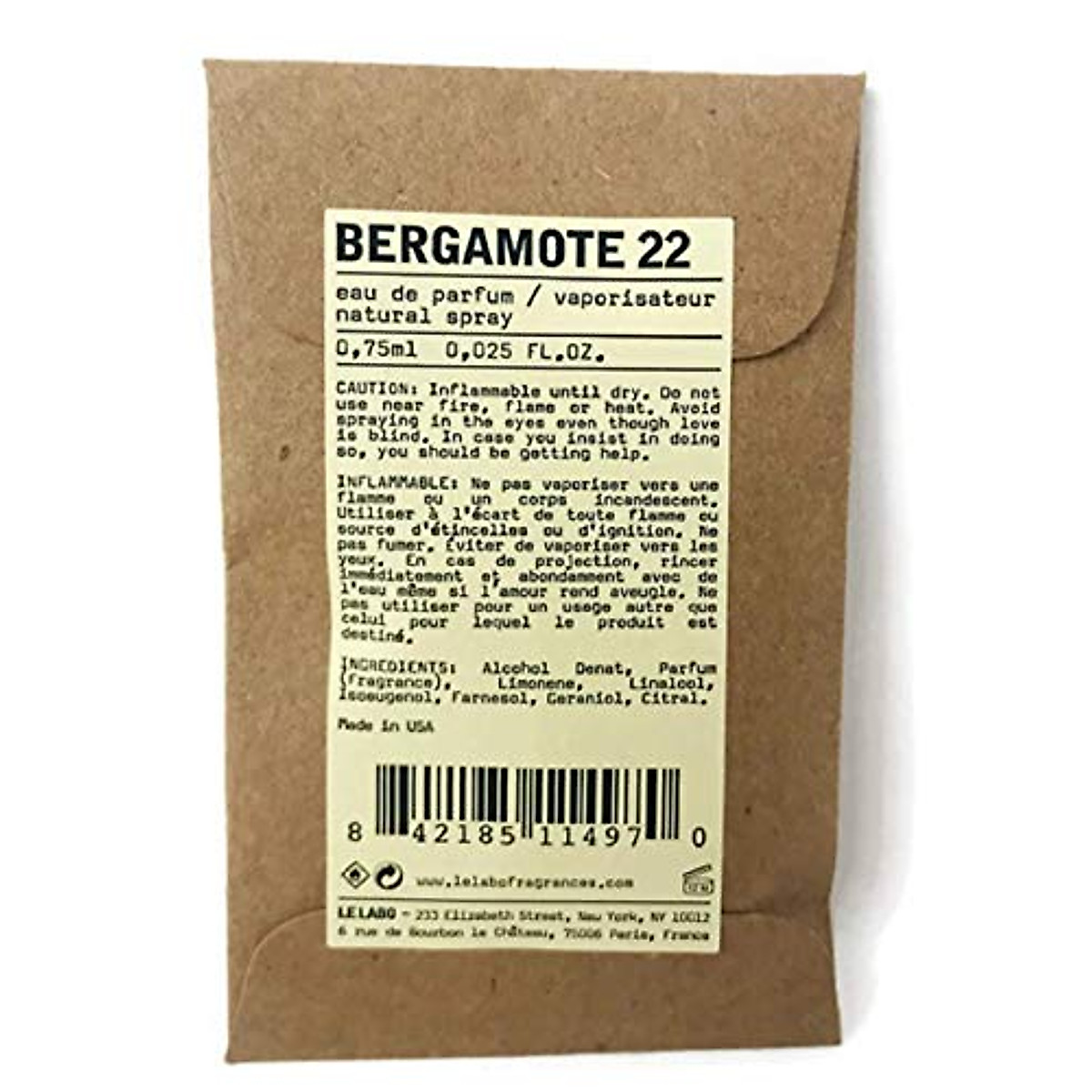 Le Labo Bergamote 22 Eau De Parfum Sample Travel Size