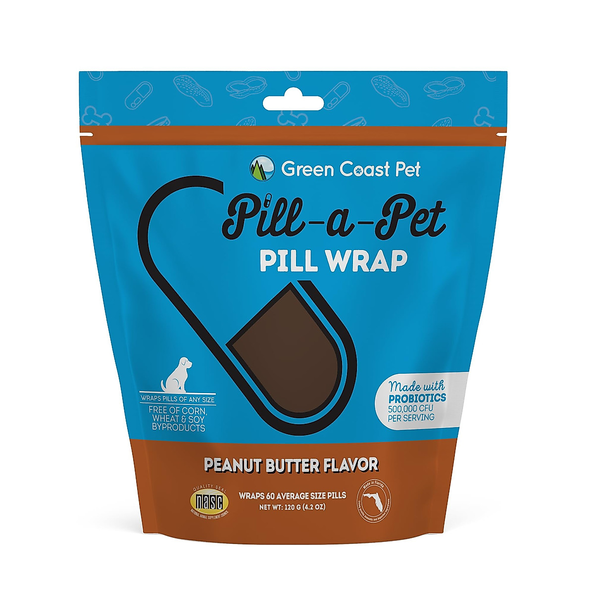 Green Coast Pet Pill-a-Pet Pill Wrap for Dogs Peanut Butter Flavor | Made in USA | Probiotics | 60 Wraps