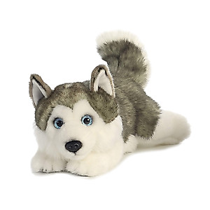 Aurora® Realistic Miyoni® Lying Husky Stuffed Animal - Lifelike Detail - Cherished Companionship - Gray 11 Inches