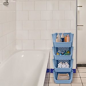 Spec101 Plastic Stackable Storage Bins - 4pc Blue Closet Organizer Bins 28in Tall Big Plastic Boxes for Home and Kitchen