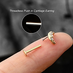Melighting 14K Solid Gold Moon Earring, 16G Threadless Flat Back Earring with Titanium Post, CZ Stone, for Women