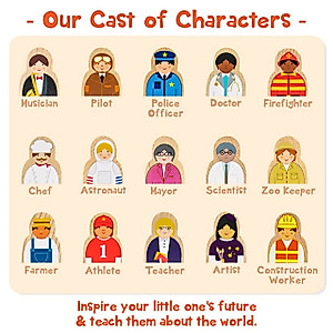 Little Professionals Wooden Character Set - Cute Wood Block People Toys for Kids & Toddlers - Open Ended STEM Pretend Play & Educational Games for Children, Boys & Girls (15-Pieces)