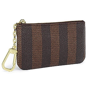 Rauder Luxury Zip Key Chain Pouch | Mini Coin Purse Wallet Card Holder with Clasp | for Men Women - Coated Canvas (Brown Stripe)