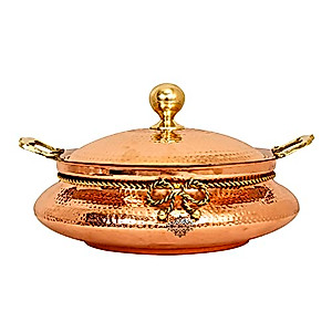 Indian Art Villa Steel Copper Hammered Chafing Dish With Brass Knob And Handles, Capacity - 8 Liters.