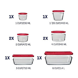 Anchor Hocking 16 Piece Glass Storage Containers with Lids (8 Glass Food Storage Containers & 8 Red SnugFit Lids)