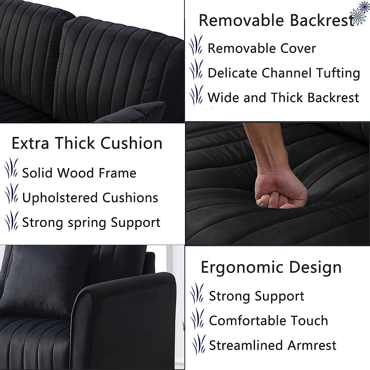 Tmosi Modern Velvet Single Sofa Couch Chair,Accent Armchair with Removable Backrest Pillows,Arm Club Leisure Modern Chair with Gold Metal Legs for Living Room,Bedroom,Office,Apartment (Black)