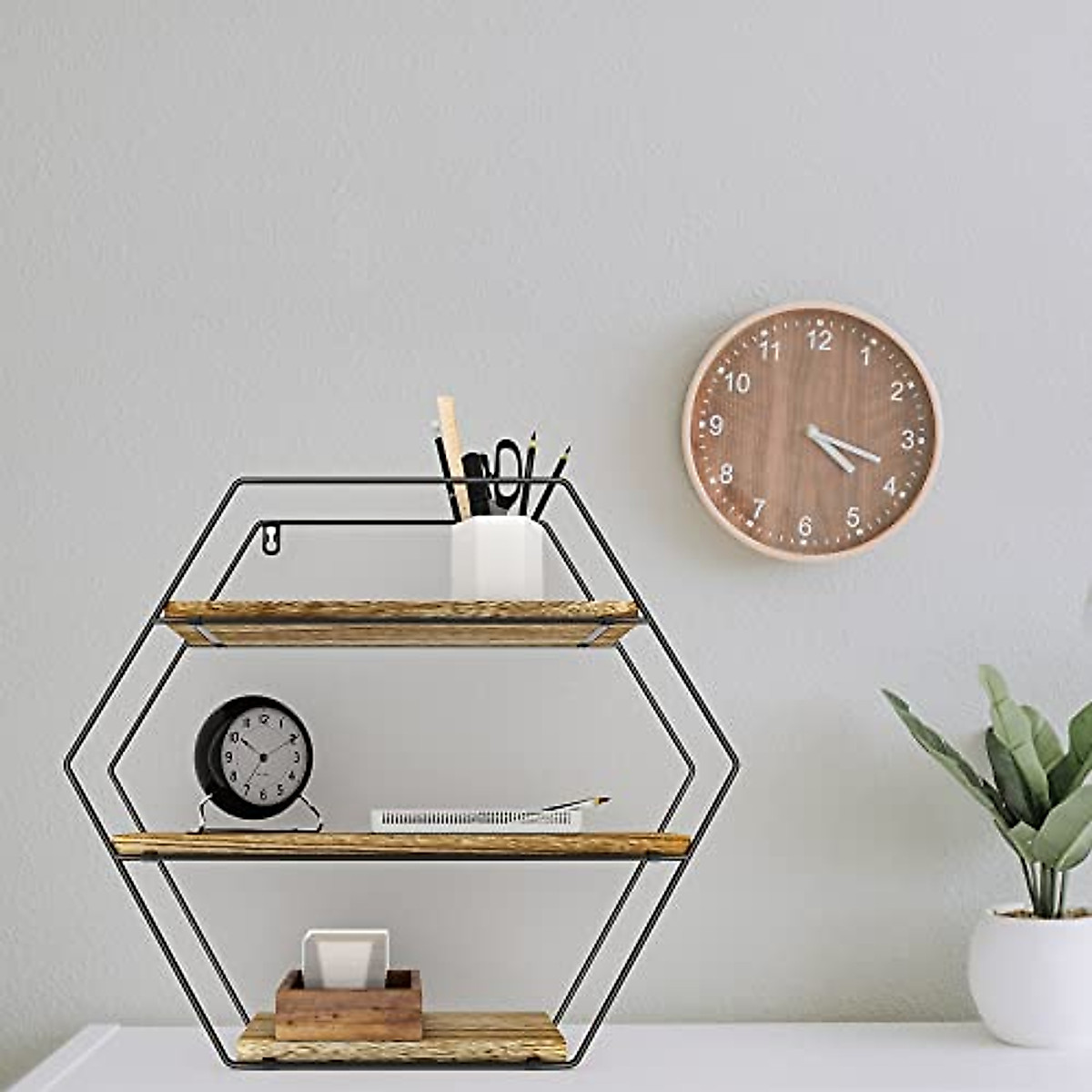 TFER Floating Shelves Wall Mounted Hanging Shelf Hexagon Rustic Farmhouse Shelves for Wall Decor,Storage | Metal Bracket and Reclaimed Natural Wood Shelf for Living Room,Bedroom,Bathroom,Kitchen